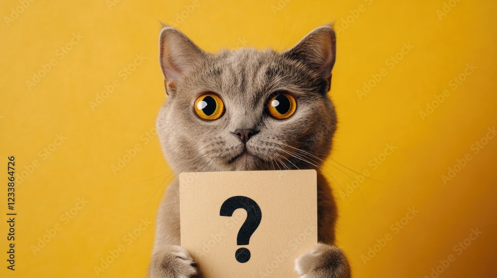 Scottish Fold Cat Holding Question Mark Card Against Yellow Background ...