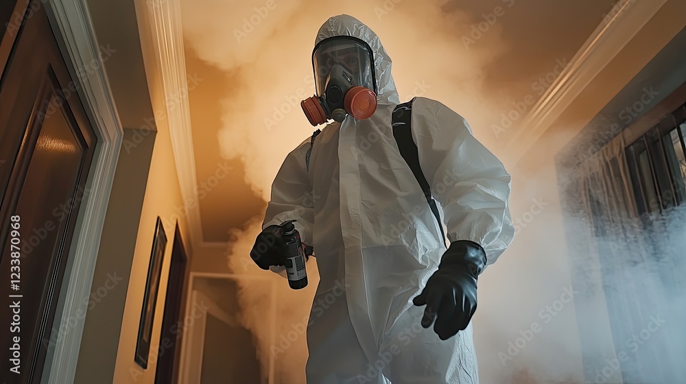 Professional pest control spraying insecticide in a residential space ...