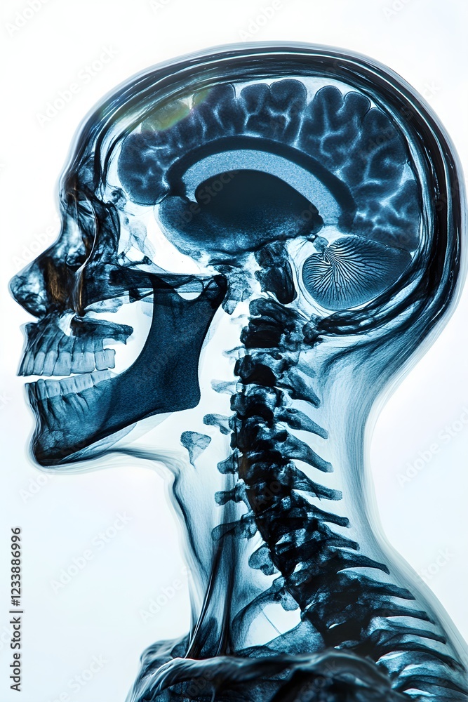 X-ray of the upper body, showing an extremely detailed human skeleton ...