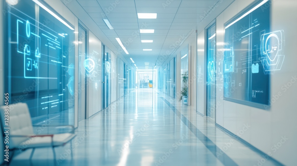 Hospital corridor with floating health insurance symbols, symbolizing ...