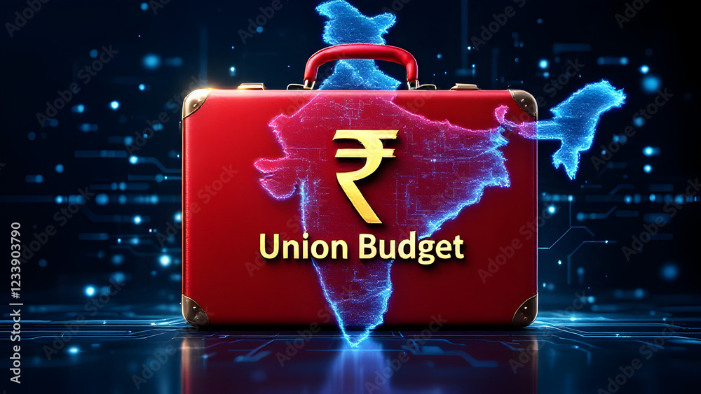 union budget' illustration on digital map of India. Budget briefcase ...