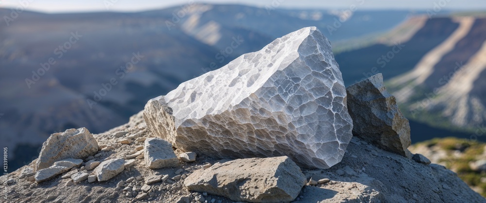 Faint silver white quartzite stone in cliff summit with close up ...