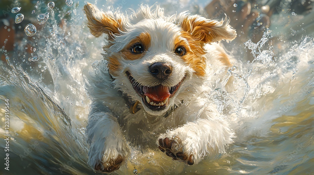 Ultradetailed Pixarstyle illustration of a fluffy dog diving underwater ...