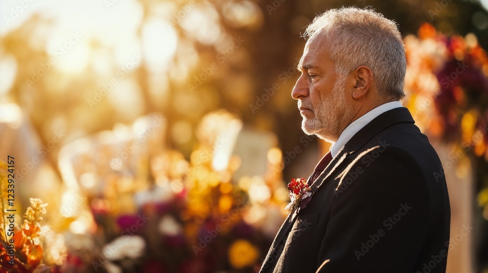 Senior man in formal attire at memorial service with sunset lighting ...