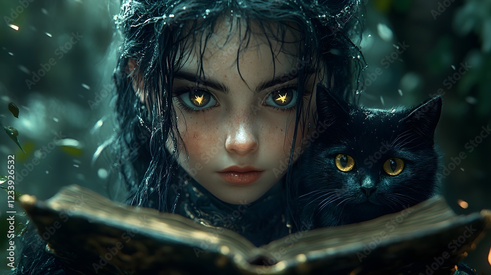 Capture chibi witch in a mystical forest eyes glowing as she reads an ...