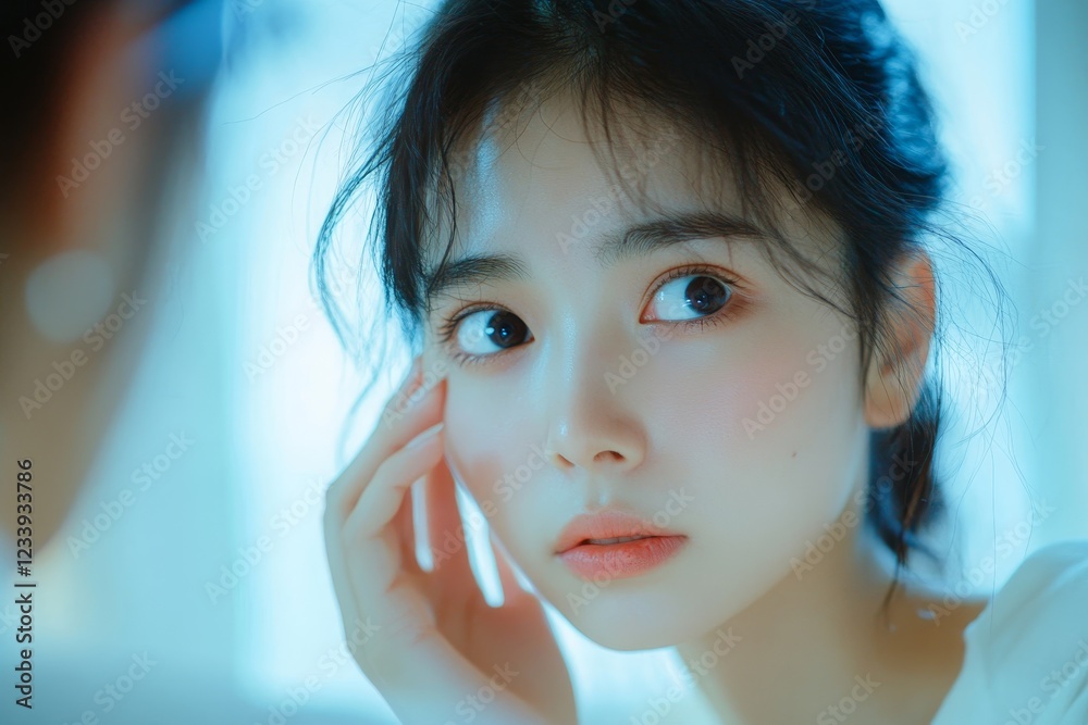 Bored, insomnia asian young woman, girl looking at mirror hand touching ...