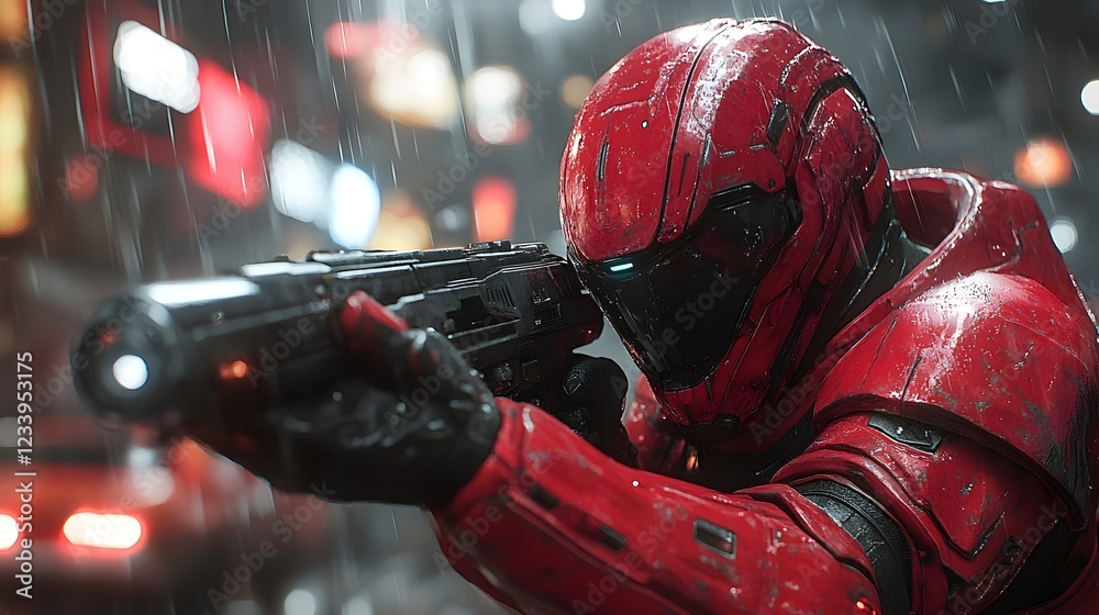 Eddie a red biomechanical suit from Iron Maiden combatready firing a ...