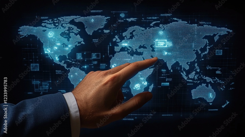 Person pointing at a world map with geographic features and country ...