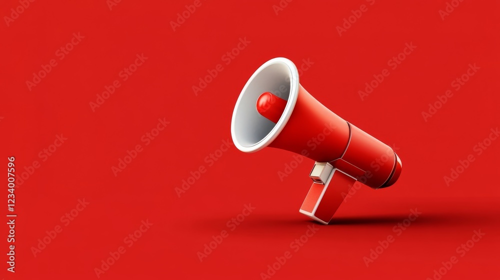 Red bullhorn on red background, a symbol of communication, announcement ...