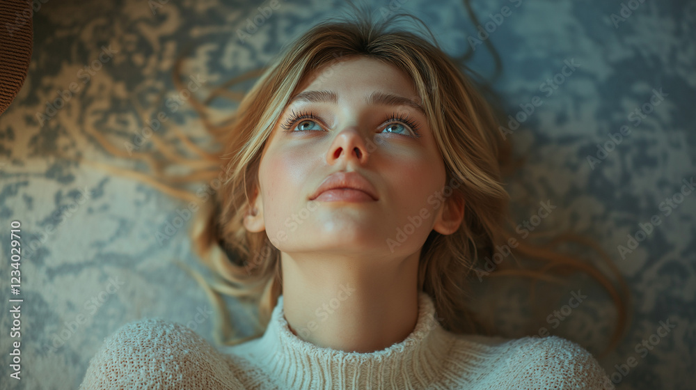 Introspective woman gazing upward in cozy living room, inner longing ...