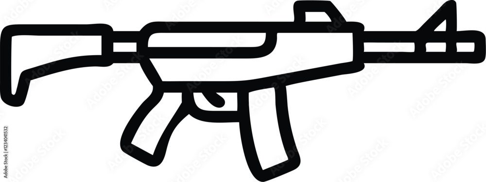 Black and white illustration, simple line drawing, assault rifle ...