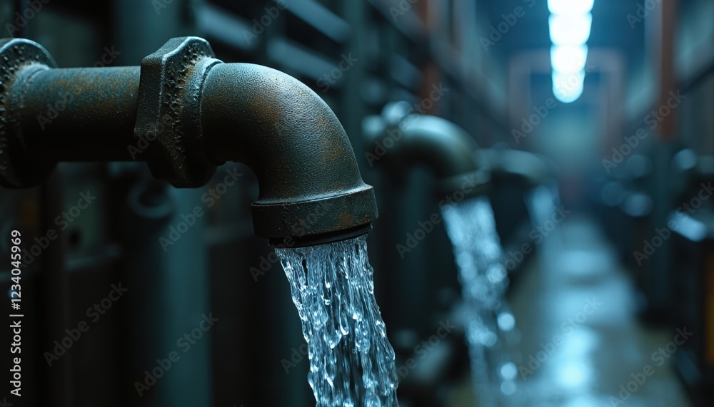 Water flowing from aged metal pipes in an industrial setting. A series ...