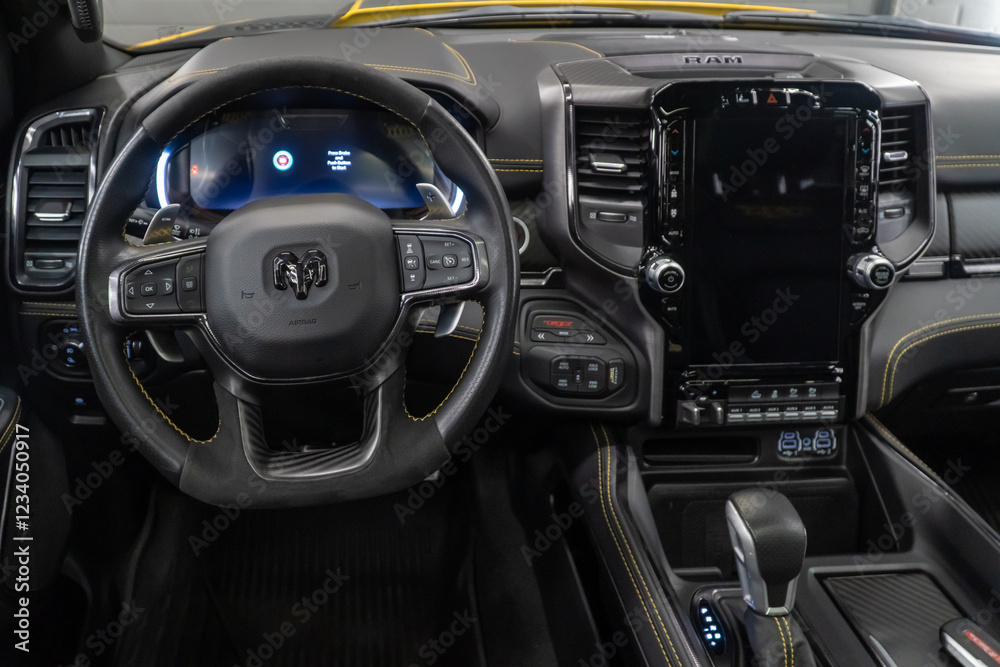 Dodge Ram Trx, car Interior - steering wheel, shift lever and dashboard ...