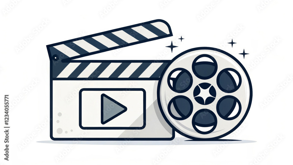 Film reel and clapperboard with the play button on the clapperboard and ...