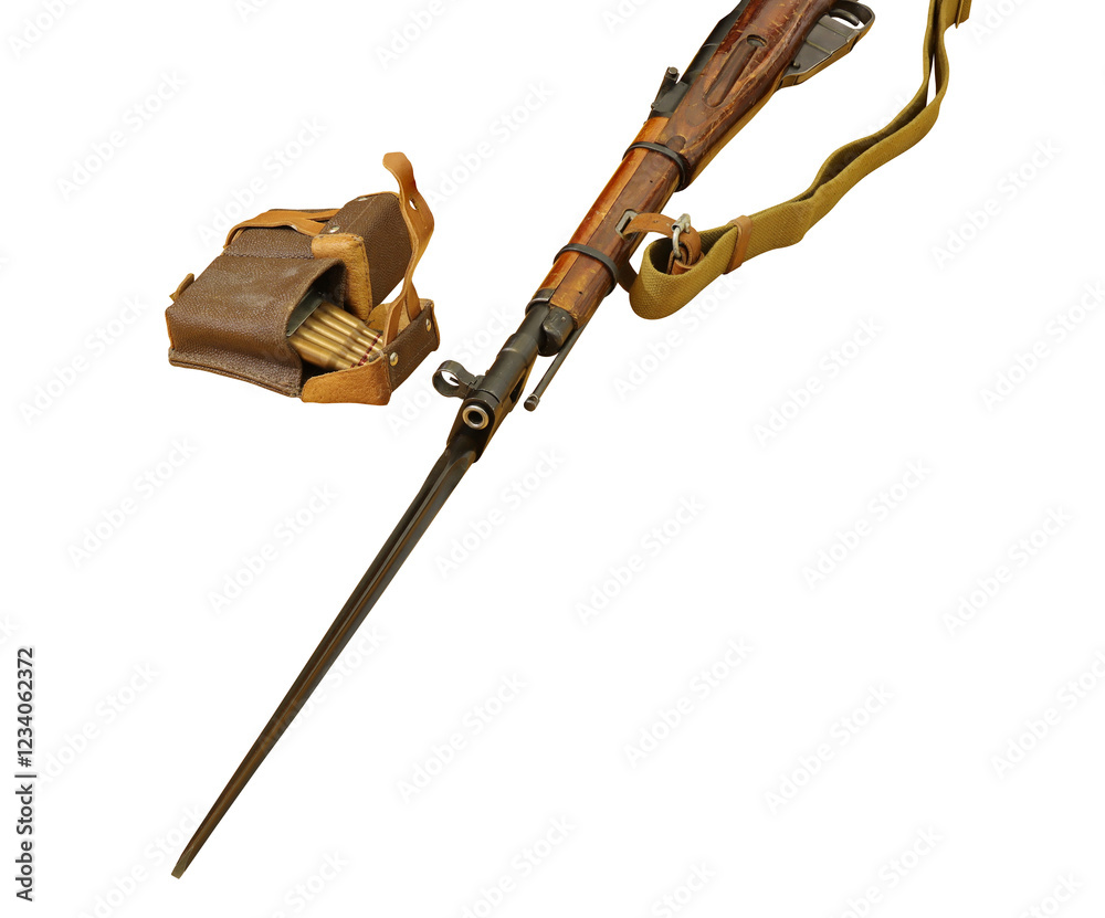 mosin nagant rifle with folding spike bayonet and double ammo belt ...