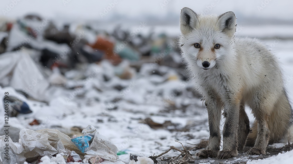 Arctic Fox Amid Trash in Winter Landscape, Captured in Wide Angle to ...
