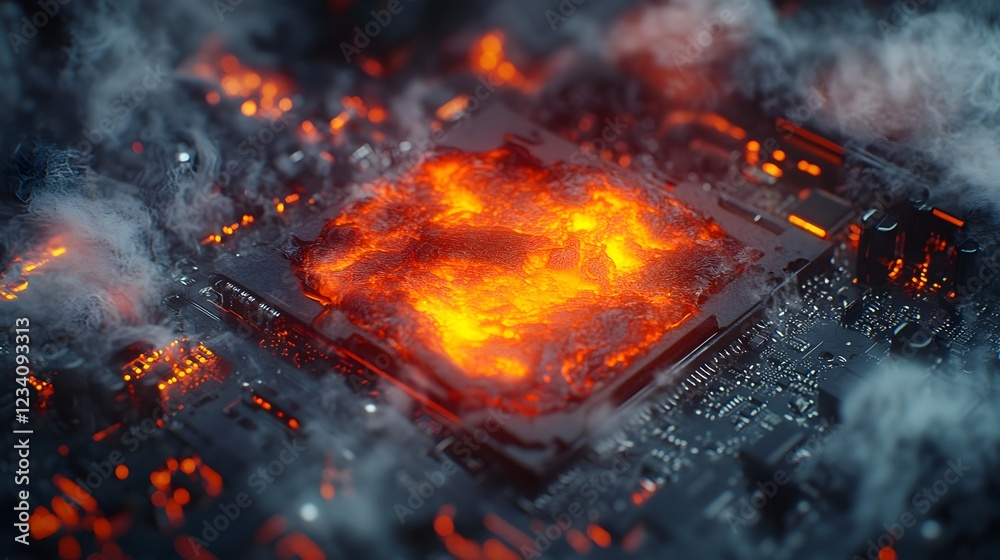 Overheated CPU chip with fiery orange glow and melting circuits digital ...