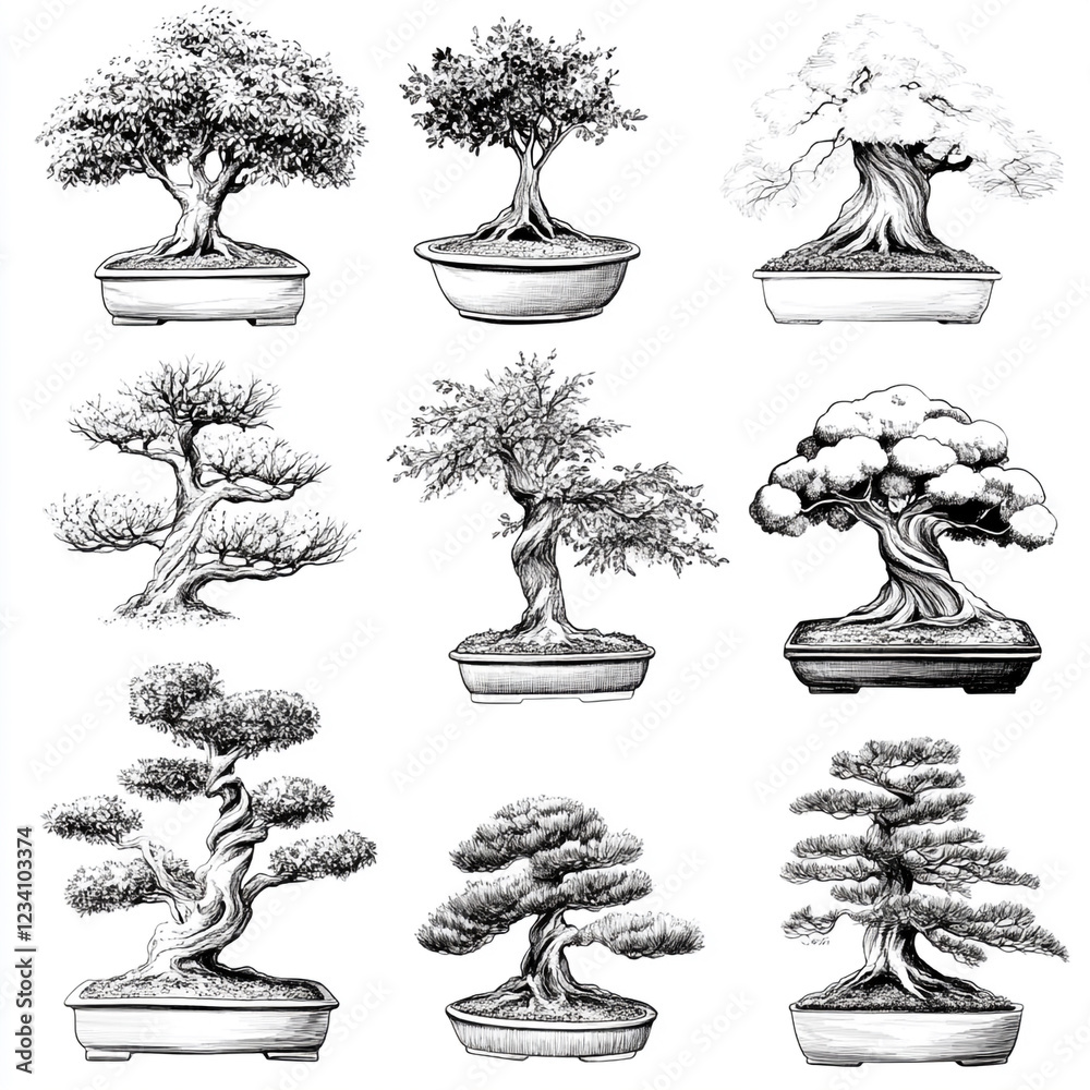 Bonsai Tree Collection: A collection of nine detailed line drawings ...