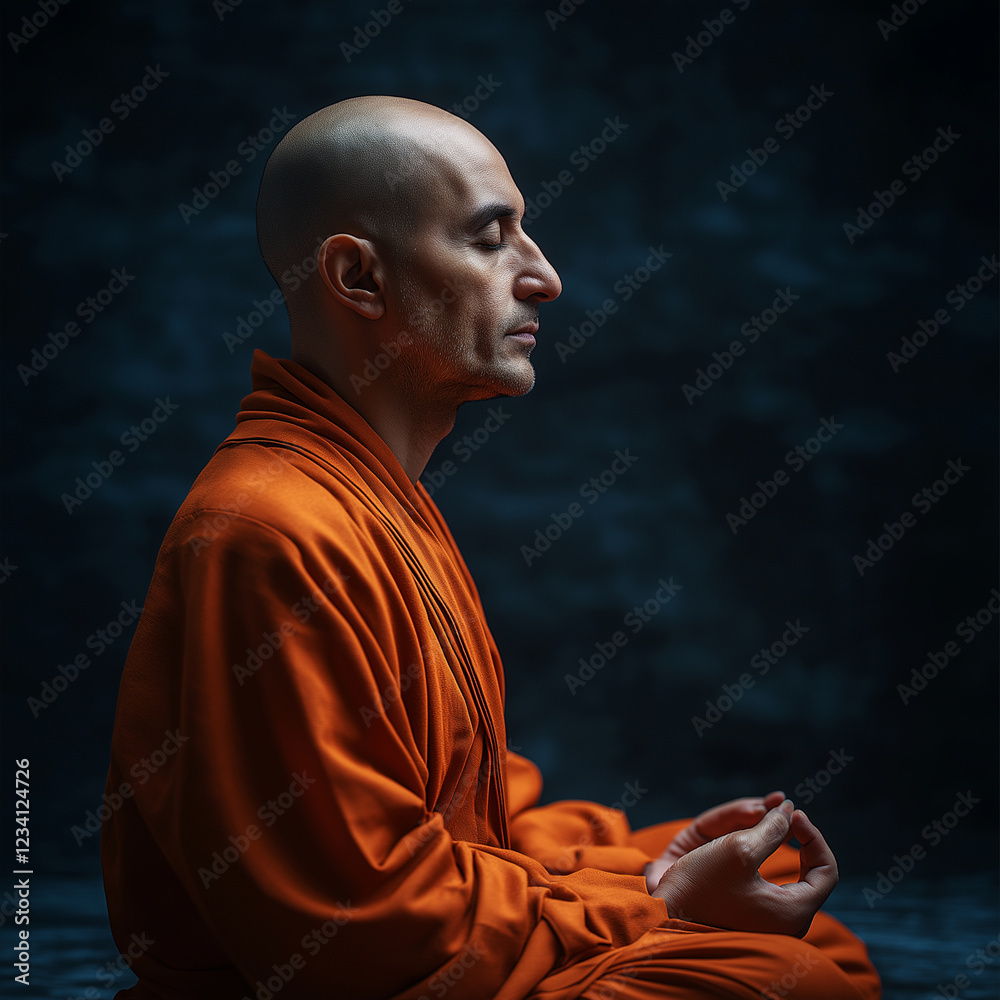 monk meditating with eyes open, side view, monk side view The ...