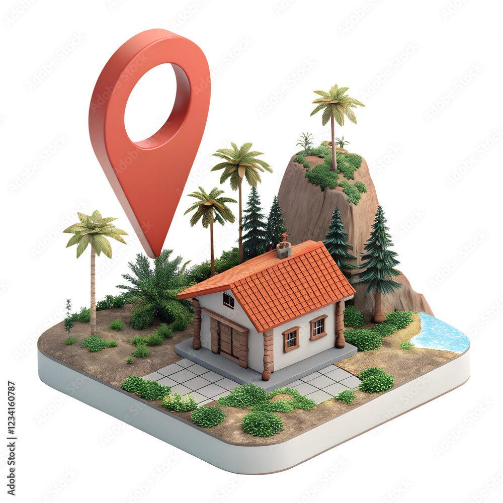 Real estate location, house with a map pin on a floating plot of land ...