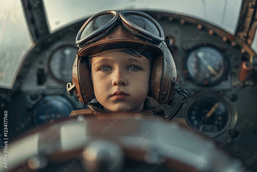 Child pilot sitting in the cockpit of a vintage airplane, wearing a ...
