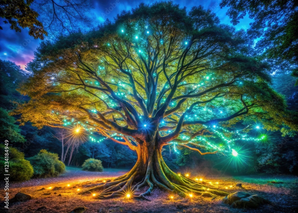 Glowing, mystical tree pulses life energy in dark fantasy, captivating ...