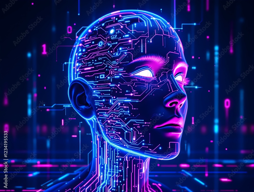 Electronic AI Robot Human Head with Integrated Circuits – AI Face, ChatGPT, Deepseek AI ...