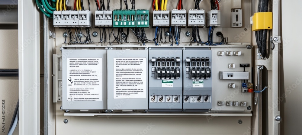 Electrical panel showing circuit breakers, wiring, and labels providing ...