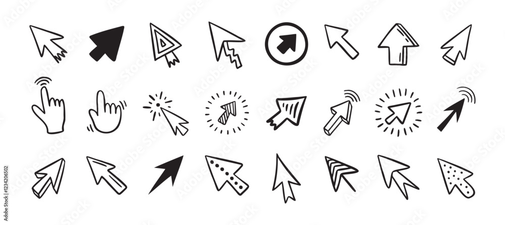 Cursor doodle icon set. Click cursor hand drawn set. Isolated mouse ...