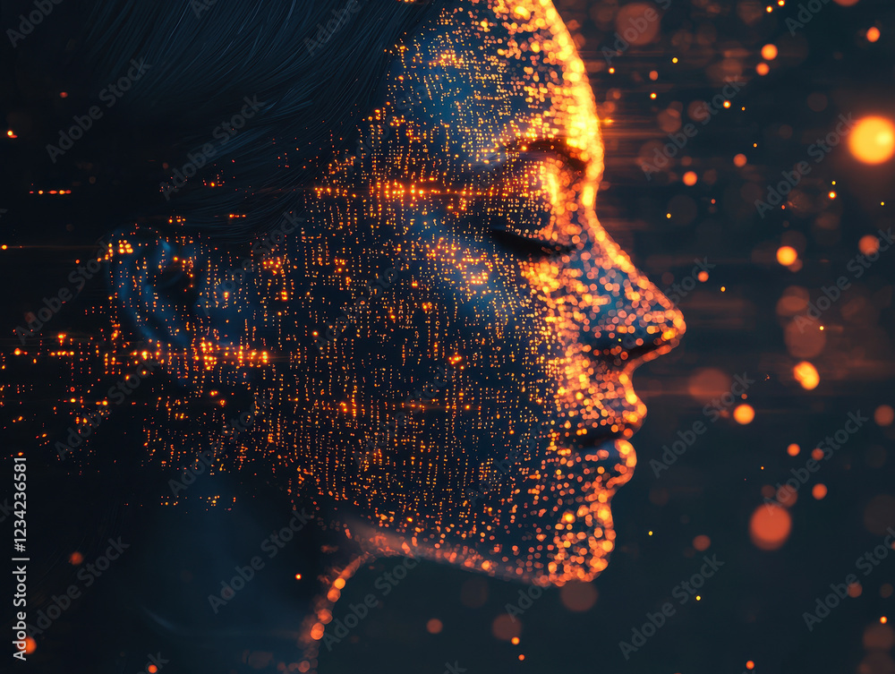 Glowing binary code transforms into a holographic mind in a surreal representation of AI ...