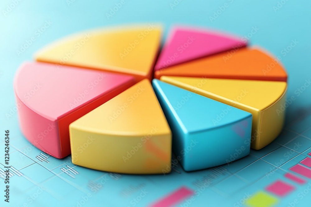 Colorful pie chart representing data distribution and analysis on a blue background with graphs ...