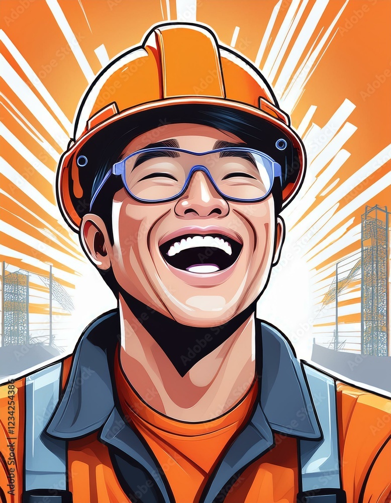 vector A construction worker laughs heartily wearing a safety helmet ...