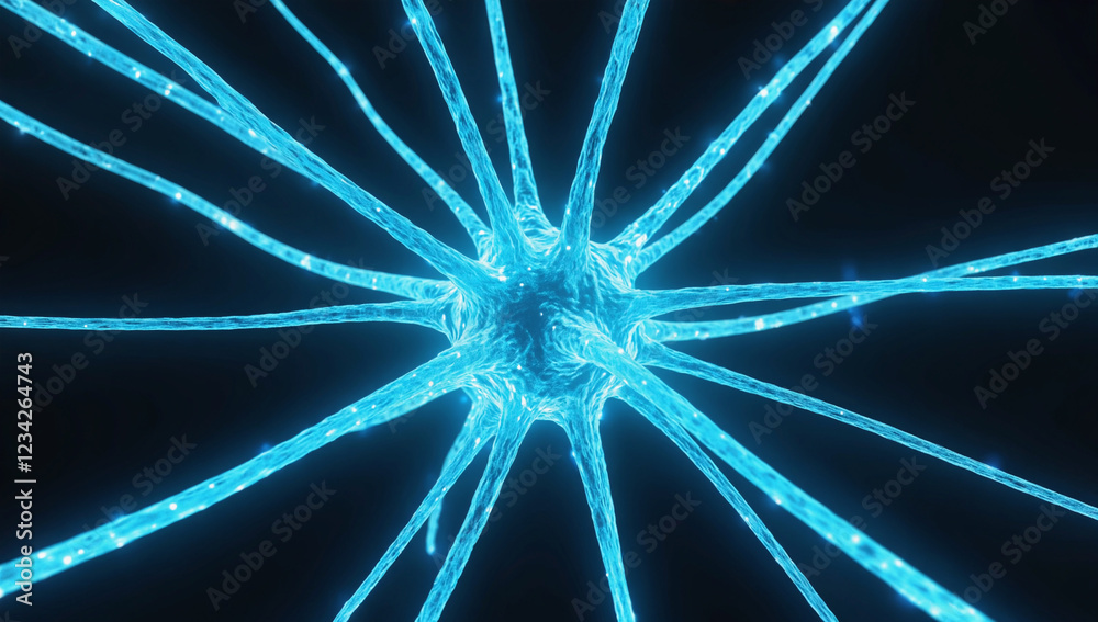 Neural Network: A vibrant blue and glowing neuron cell with intricate ...