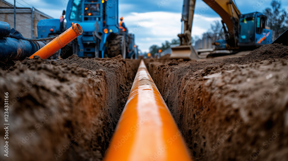 A combination of orange and blue pipes laid parallel in a trench ...