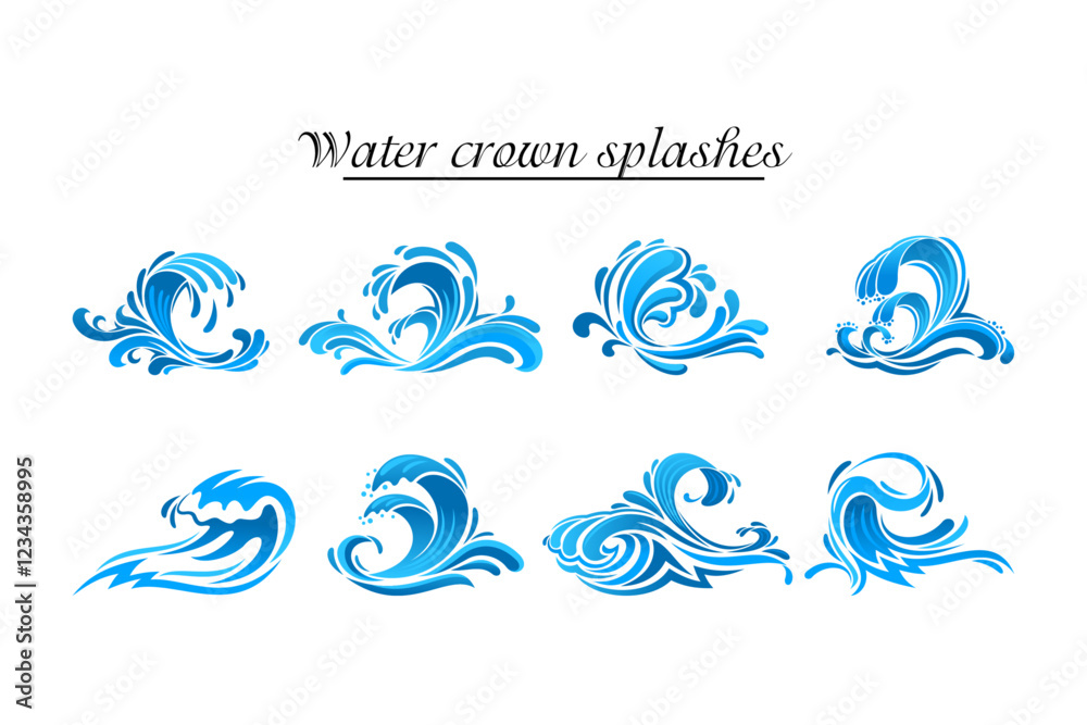 Cartoon water splash effects depict fluid dynamic splashing, droplets ...