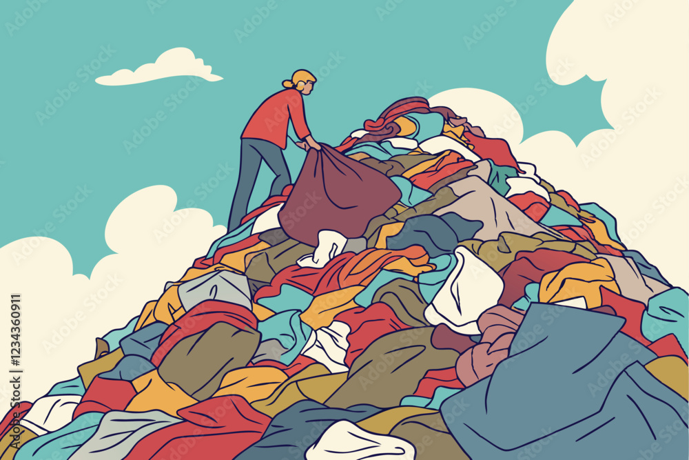 16 Massive pile of discarded clothing, textile waste mountain, environmental pollution, vibrant ...