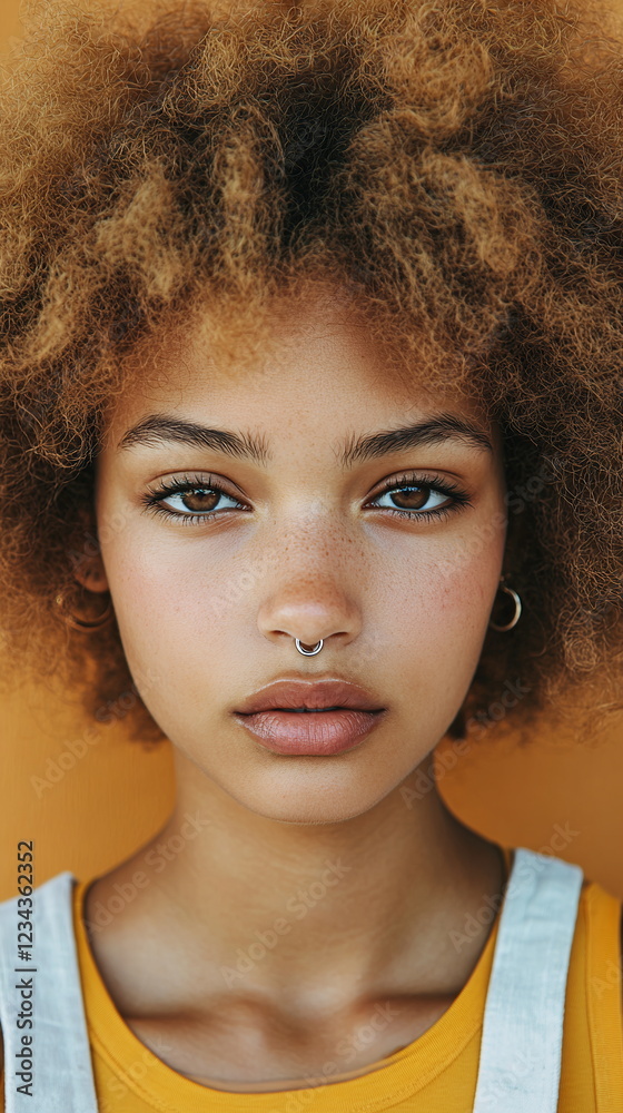 Teenage girl with deep tan skin, curly golden-blonde afro, and a septum ...