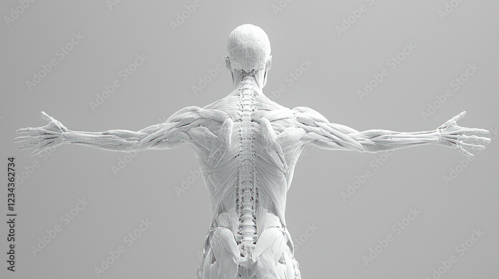 Anatomical model, back view, arms outstretched, gray background Stock ...
