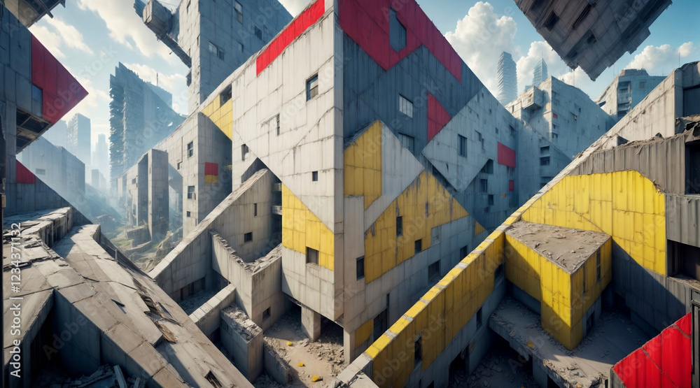 Futuristic architectural landscape with geometric buildings, angular ...