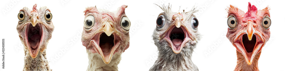 Various chickens with expressive faces showcasing different emotions in ...