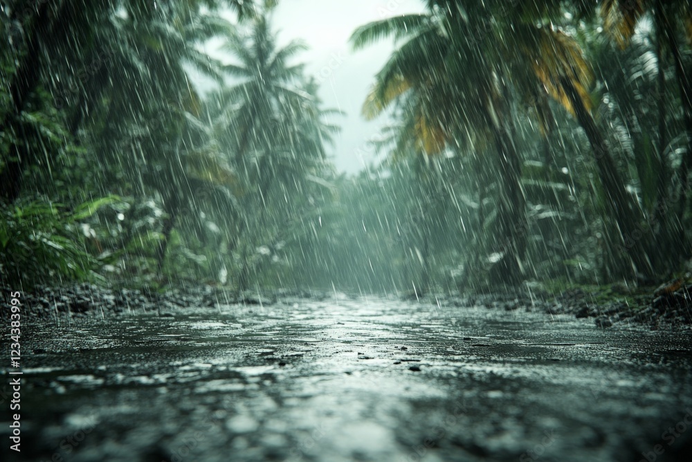 Heavy rainfall in a tropical forest creating a serene, reflective ...