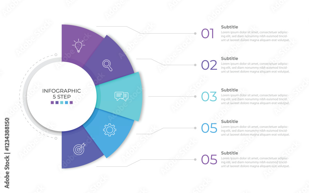 Semicircular pie chart divided into 5 colorful sectors. Concept of five features of startup ...