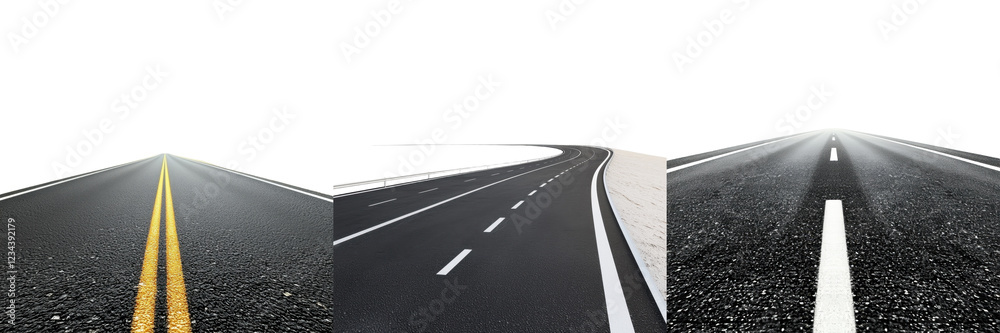 Three parallel roads vanish into fog with contrasting surfaces and ...