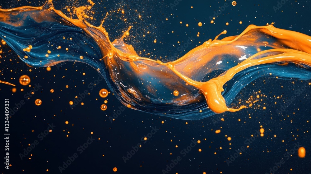 Dynamic abstract image of orange and blue liquid splash on dark ...