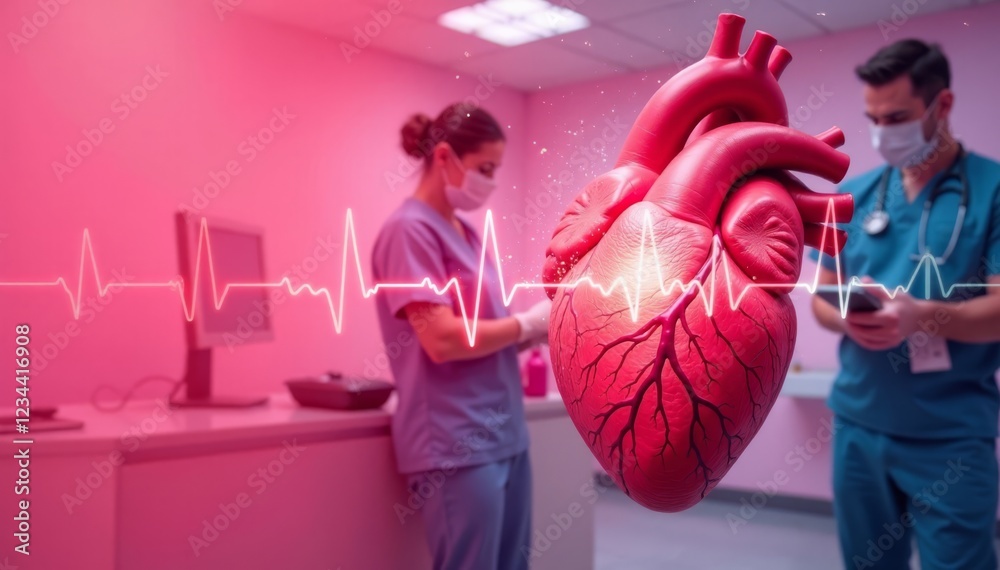 Exploding human heart isolated on pink background with ECG monitoring ...