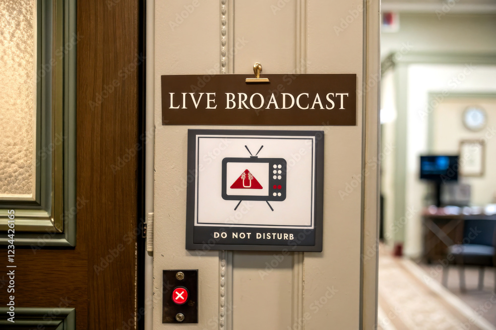 Sign indicating a live broadcast, featuring a warning message and a ...