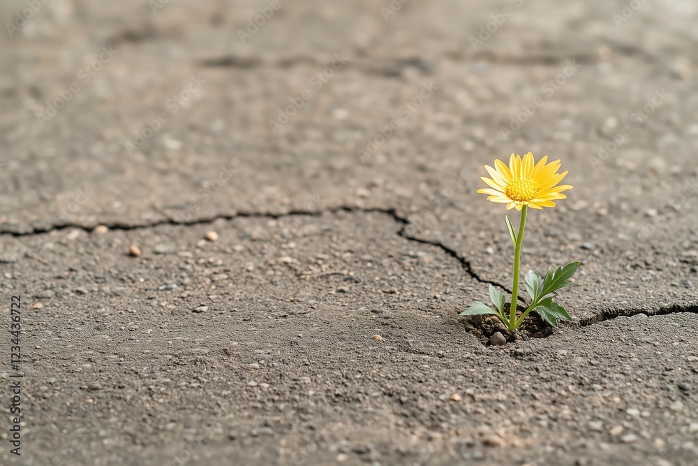 Single yellow flower growing through cracked pavement Stock Photo ...