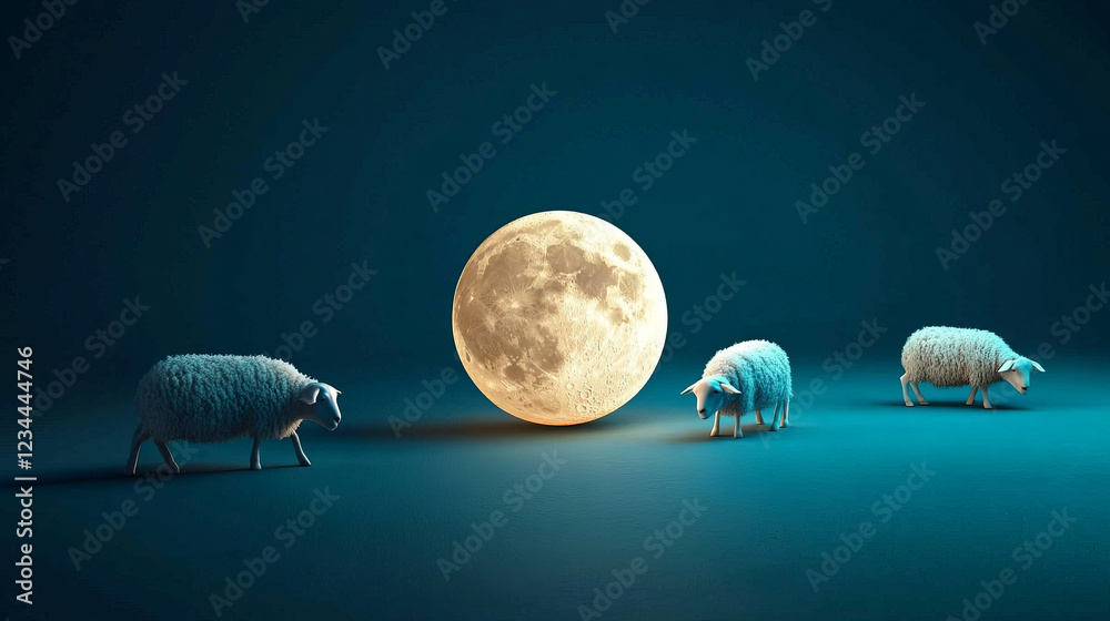 Foto de Stock dreamlike sheep and moon: a surreal 3d art scene in dark ...