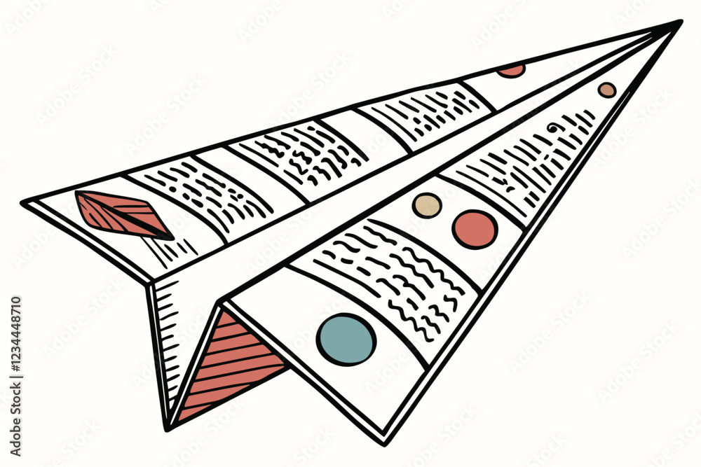 Paper airplane, newspaper print, colorful accents, origami art, white ...