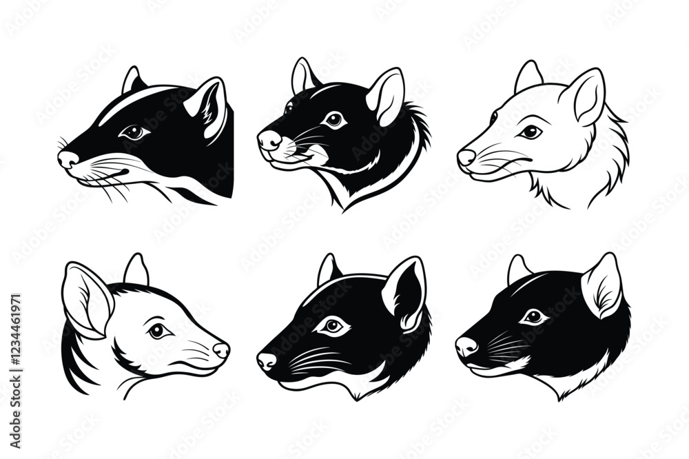 Tasmanian Devil (Sarcophilus harrisii) animal design, labeled line art ...